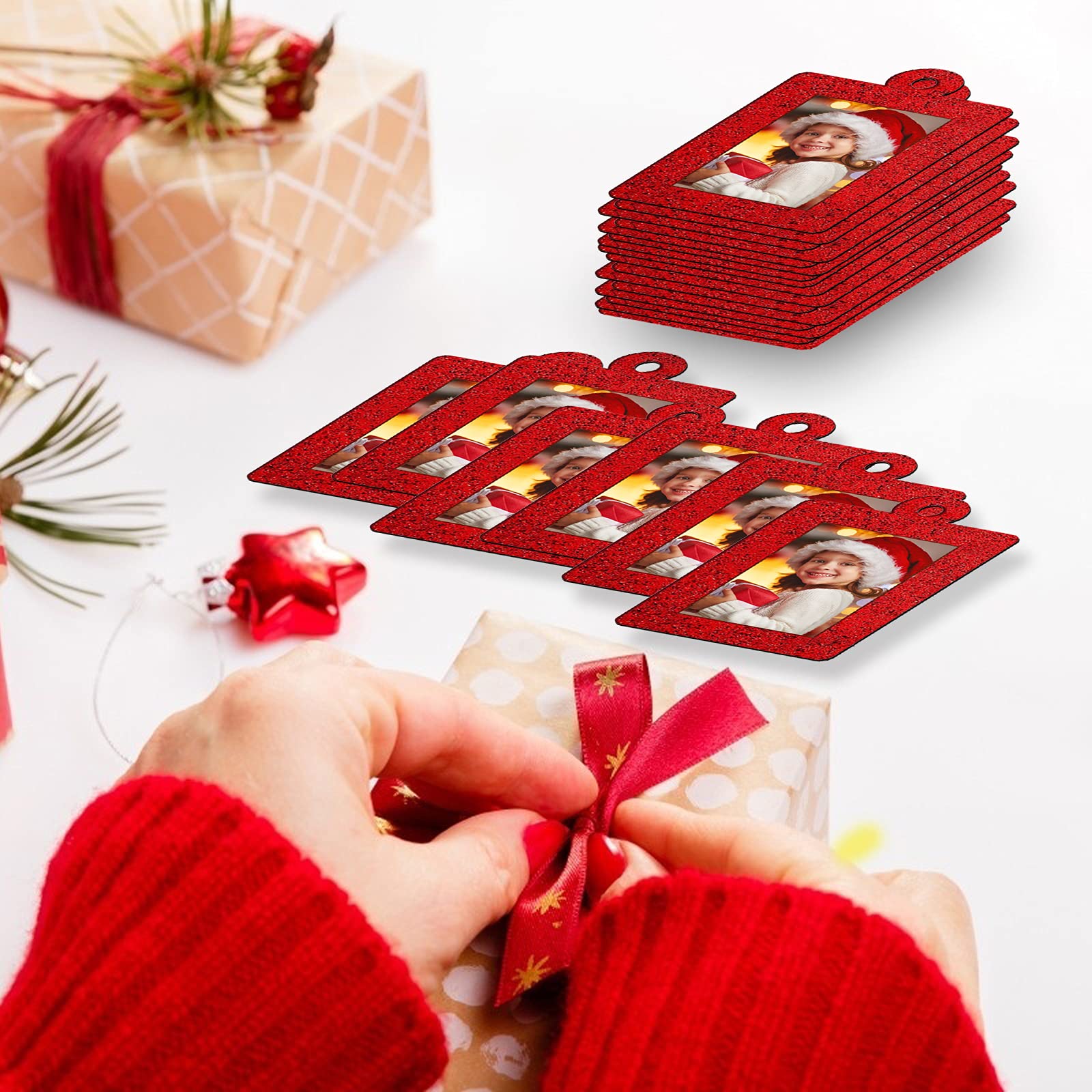 20 Pieces Christmas Photo Ornament Frames Christmas Tree Glitter Picture Frame Felt Hanging Photo Frame for Holiday Decoration (Rectangle, Red)