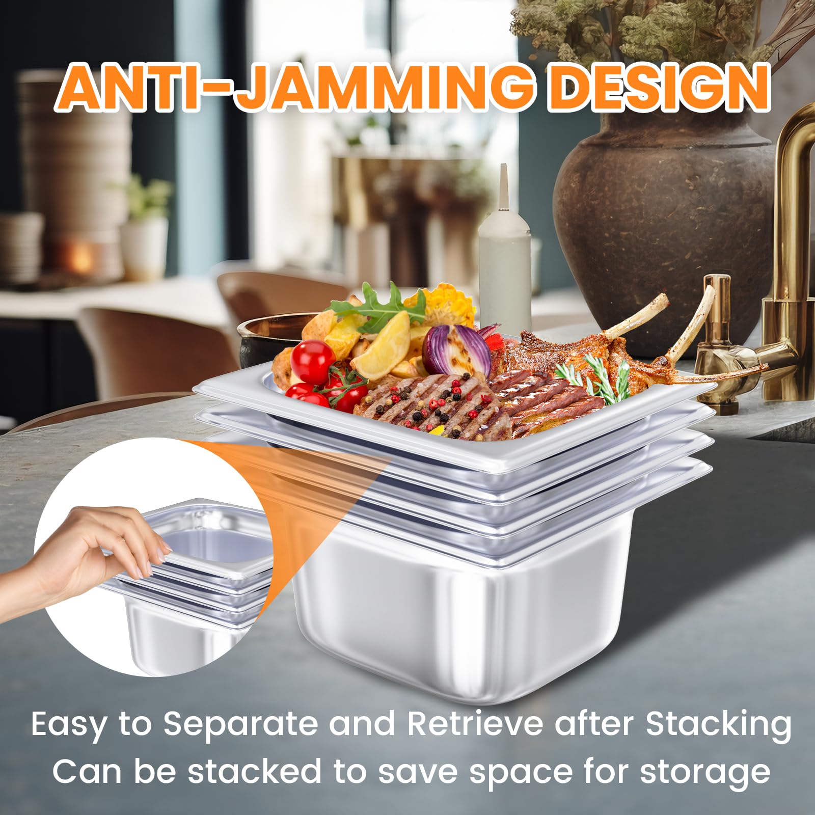 Aplancee Steam Pan 1/6 Size x 4 Inch Deep 6 Pack Stainless Steel Anti-Jamming Food Cooking Pan