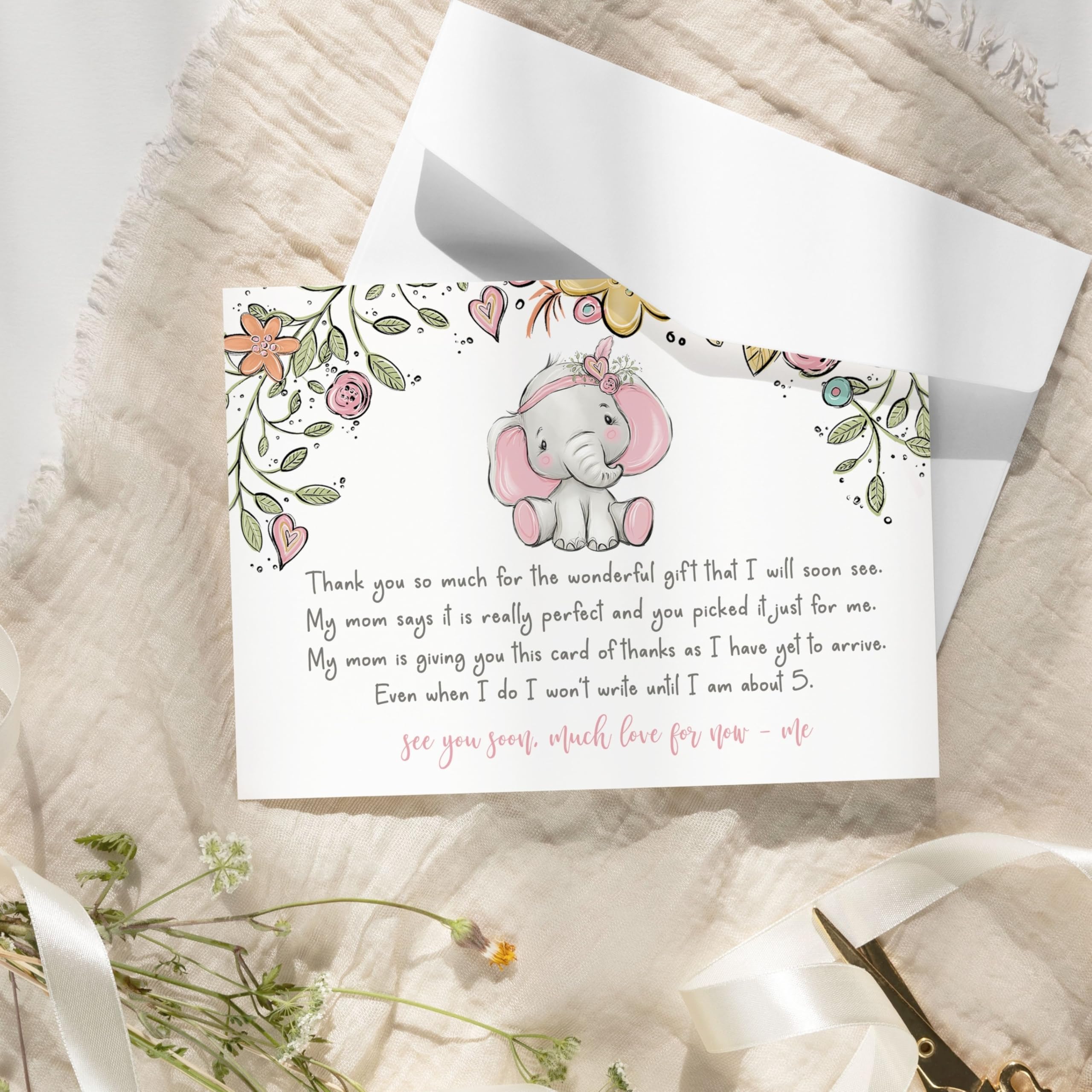 Paper Clever Party Cottage Elephant Baby Shower Thank You Cards with Envelopes - 25 Pack - Pink Floral 4x6 Blank Notes with Prefilled Message from Baby Girl - Personalizable Space for Customization