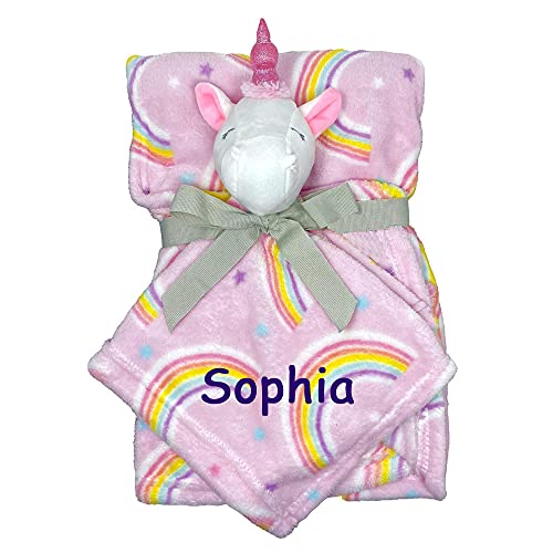Little Mimos Personalized Rainbow Unicorn Baby Blanket Set - Matching Animal Character Snuggler Blankets with Custom Name