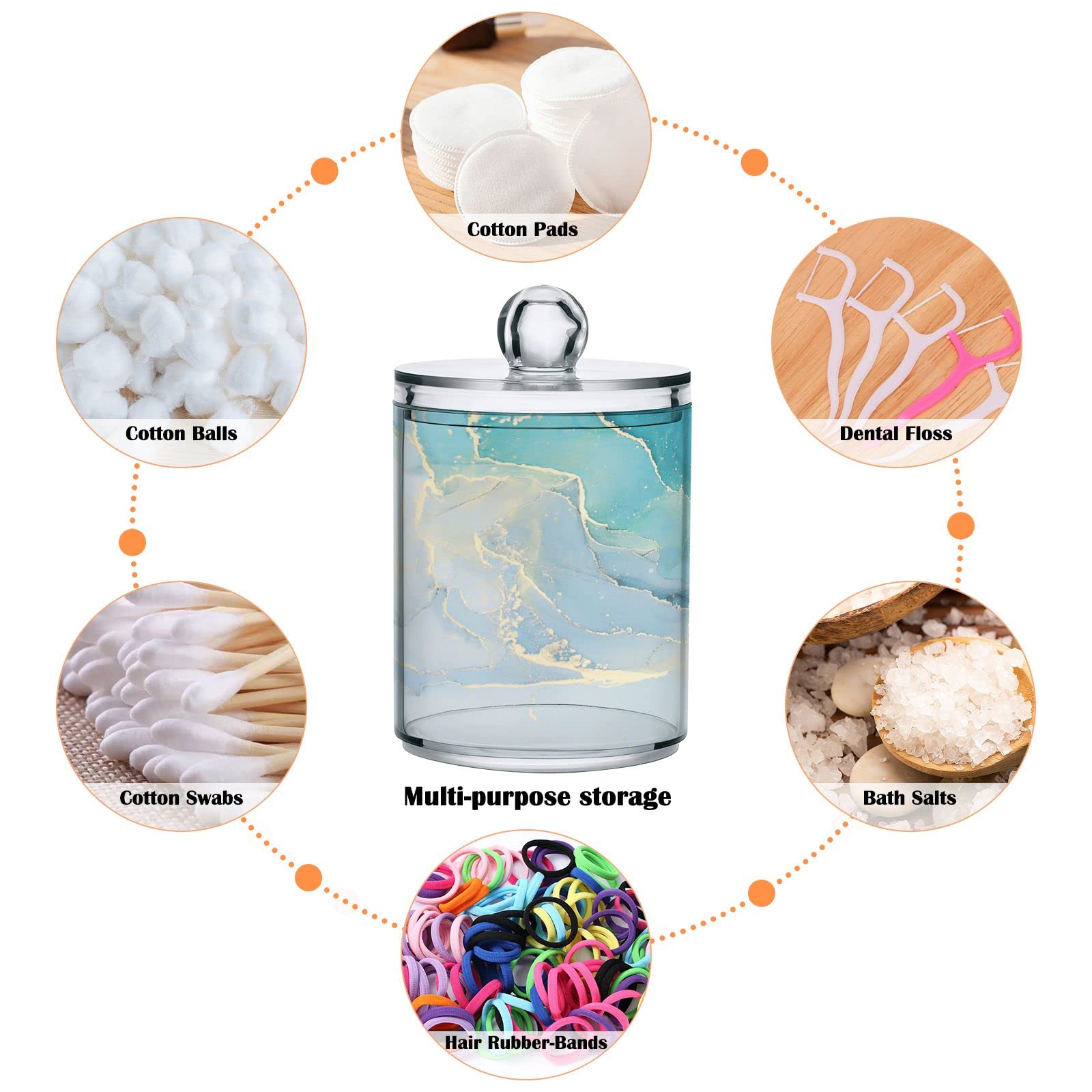 Turquoise Gold Splash Marble Qtip Dispenser Apothecary Jars Bathroom Qtip Holder Storage Canister Plastic Jar 10 Oz for Cotton Ball Swab Round Pads Floss 2pcs