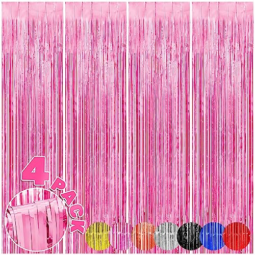 4-Pack Backdrop for Party Decorations, Foil Fringe Backdrop Curtains, Tinsel Streamers for Birthday Party Decorations, Pink Backdrop Curtains for Girl Graduation Unicorn Mermaid Disco Princess Parties