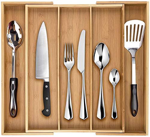 Dynamic Gear Premium Bamboo Drawer Organizer, Silverware Organizer, 100% Pure Bamboo, Adjustable Utensil Organizer, Kitchen Drawer Organizer, Silverware Tray for Drawer (3-5 slots)