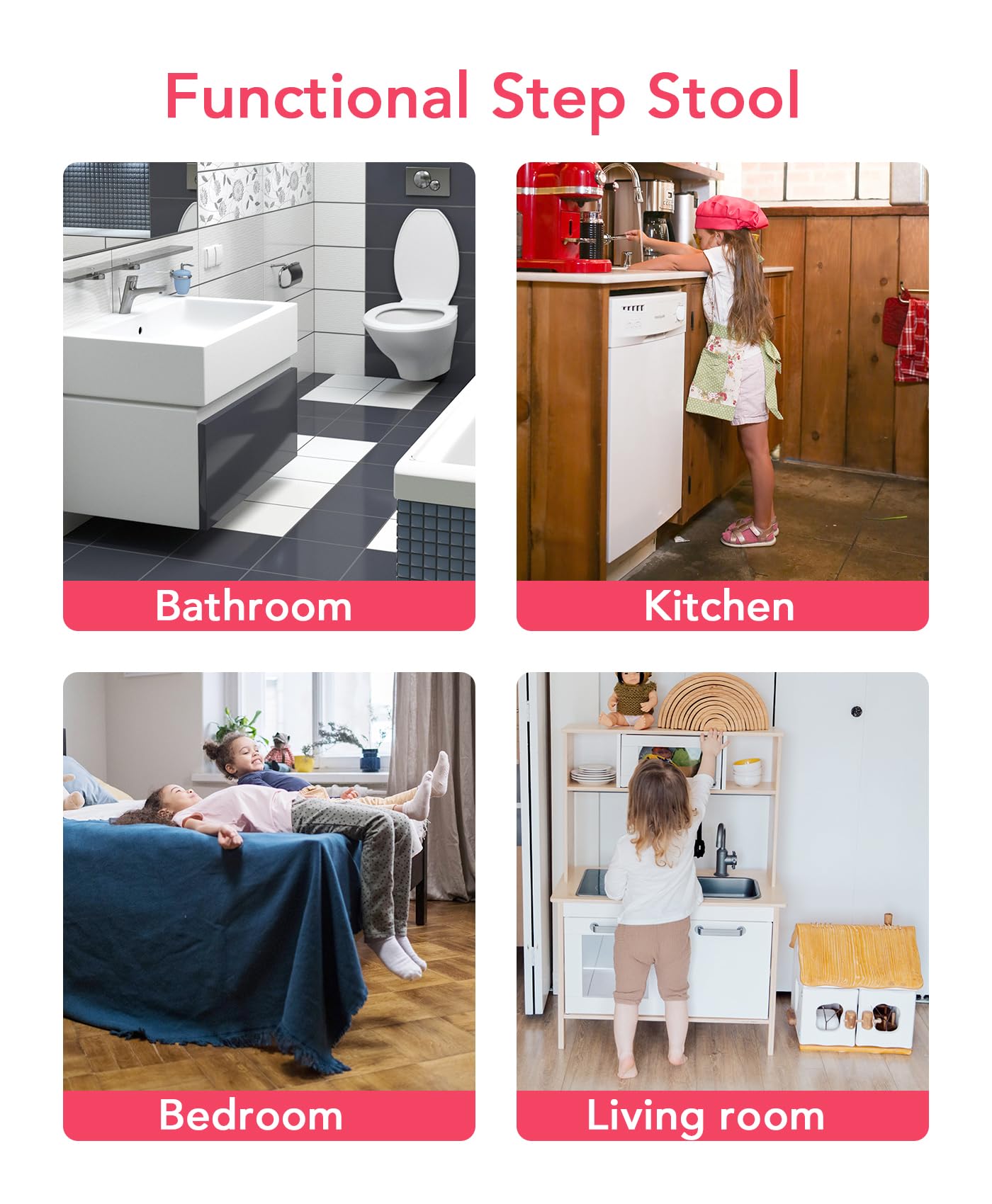 A+KCEYON Step Stool for Kids, Cute Design Child Toddler Step Stool for Potty Training, Bathroom Sink, Kitchen Counter, Non-Skid, Sturdy and Lightweight (Pink-Ocean Motif)