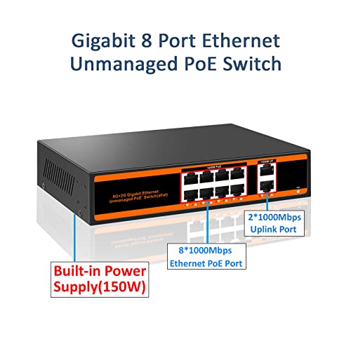Unmanaged 8 Port Gigabit PoE+ Switch with 2 Gigabit Uplink,802.3af/at Compliant,150W Built-in Power, Metal Plug and Play