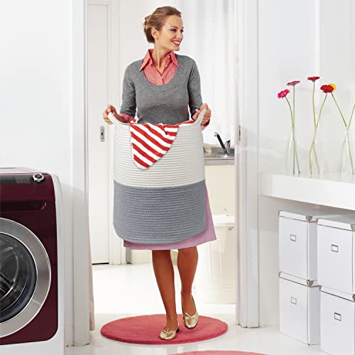 Brookstone, Large Cotton Rope Storage Basket, Soft Woven Bin with Handles, Baby Nursery/Blanket Organizer; Perfectly Sized at 18.5” X 16”, Use in Living Room/Bedroom, Suitable for Any Décor Style