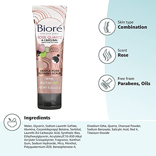 Bioré Rose Quartz + Charcoal Gentle Pore Refining Scrub, Pore Minimizing Facial Scrub, 4 Ounce, Oil Free, Dermatologist Tested, Non-Comedogenic, Cruelty Free, Vegan Friendly