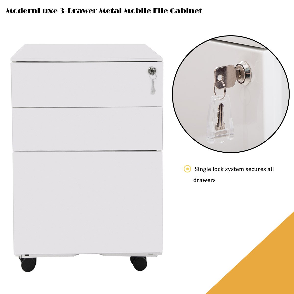 3 Drawer File Cabinet with Lock,Fully Assembled Mobile Metal Filing Cabinet for Home and Office, Steel, White