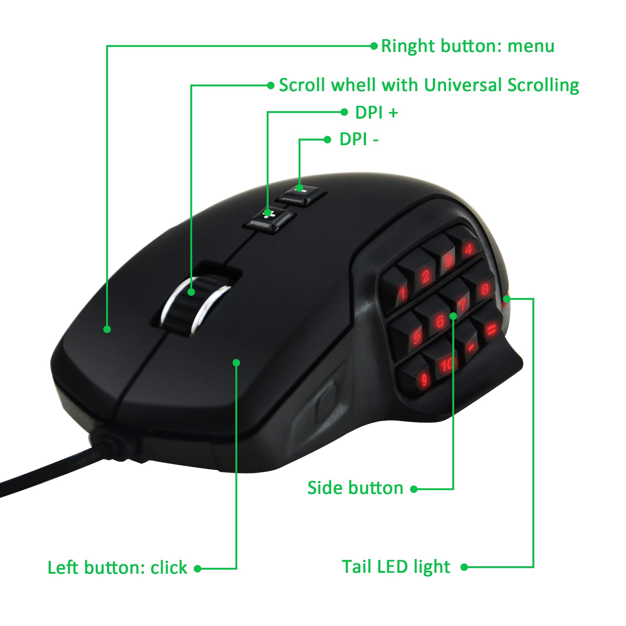 A ADWITS MMO Programmable Gaming Mouse, Pixart True 10000 DPI Sensor, Ergonomic Design with Customizable 17 Buttons, LED Light, 4 x 5g Weights and Polling Rate Up to 1000 Hz, Black