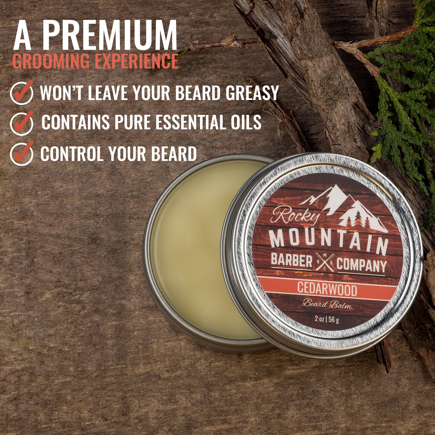 Beard Balm - Rocky Mountain Barber - 100% Natural - Premium Wax Blend with Cedarwood Scent, Nutrient Rich Bees Wax, Jojoba, Tea Tree, Coconut Oil