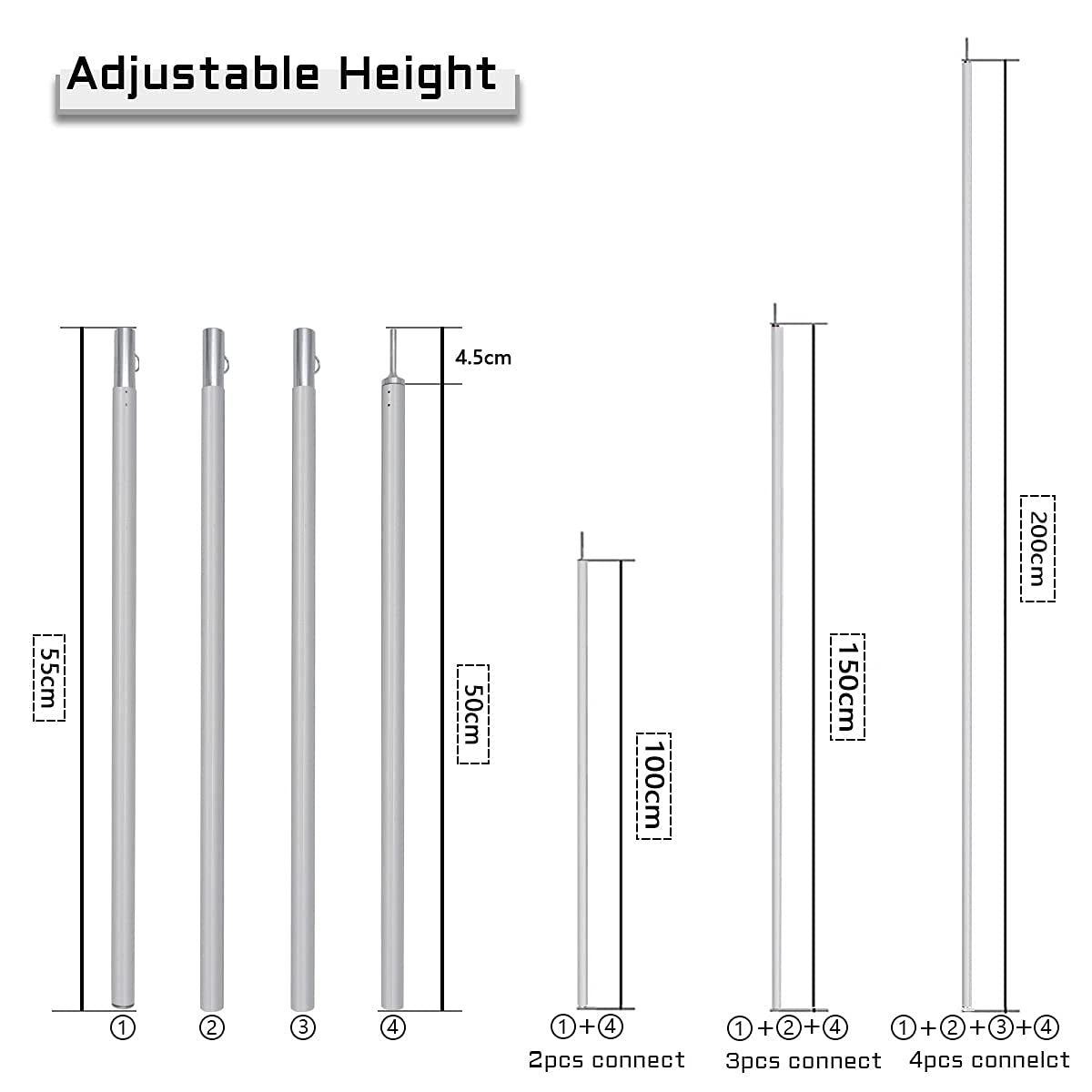 200CM Aluminum Tent Poles for Tarp Ultralight Tarp Poles Rust-proof Folding Camping poles for Awning Sail Sun Shade Hiking Adjustable from 100-200cm