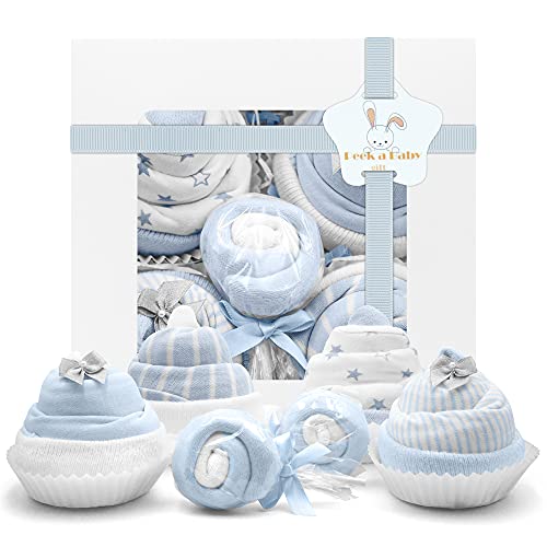 Peek A Baby Gift Blue Baby Boys Onesies Cupcake Gift Set – Baby Shower Cupcake and Lollipop Gift Set | Newborn Bodysuits Onesies Gift Set, 7 Piece Set