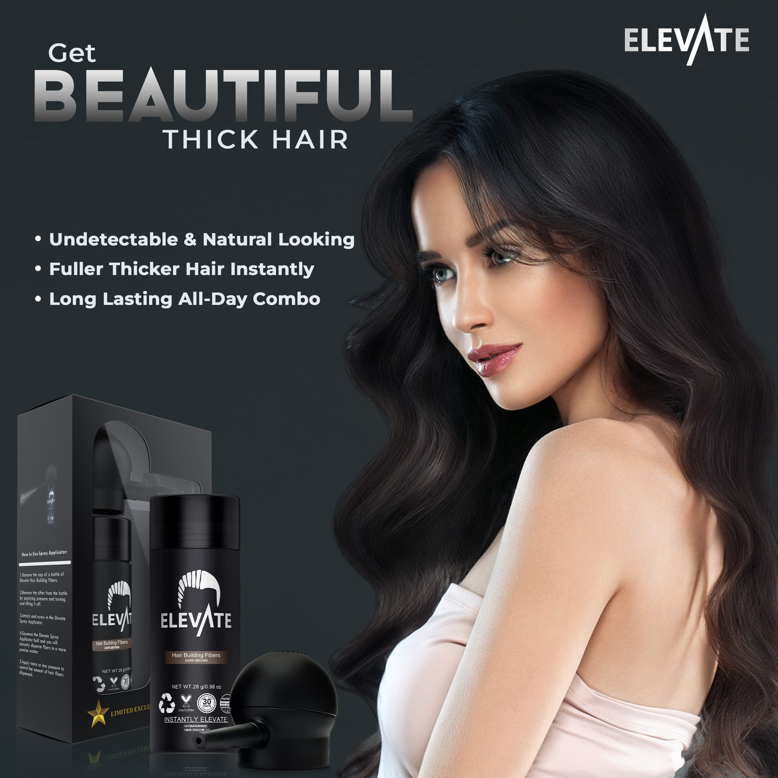 ELEVATE Hair Perfecting 2-in-1 Kit | Set Includes Natural Hair Thickening Fibers & Spray Applicator Pump Nozzle | Instantly Conceal & Thicken Thinning or Balding Hair Areas for Men Women (Dark Brown)