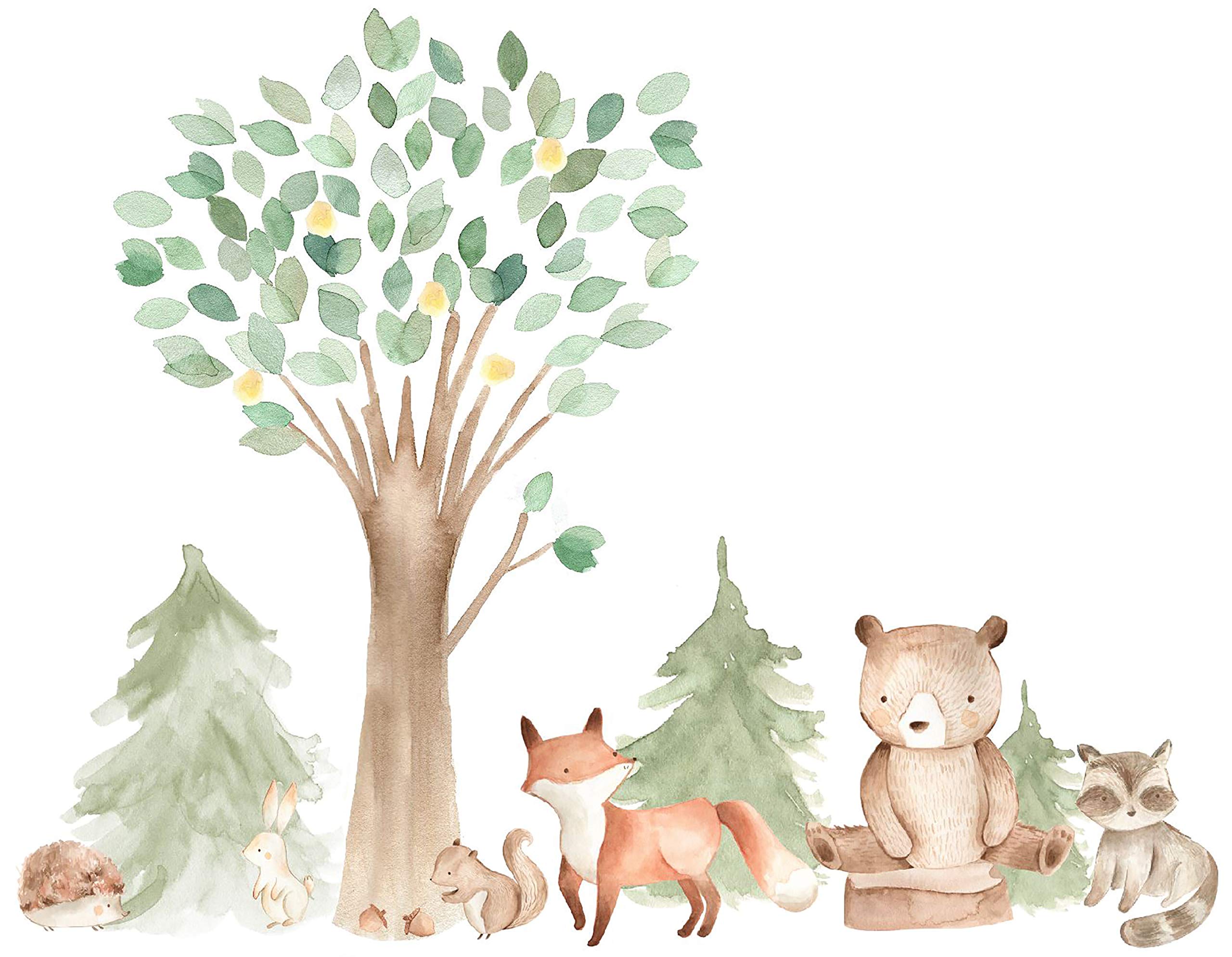 InnovativeStencils Woodland Watercolor Wall Decal Oak Pine Tree Animal Creatures - Bear, Fox, Raccoon, Rabbit, Squirrel, Porcupine Fabric Nursery Decals #3061 (84" Tall Tree (Including Leaves))