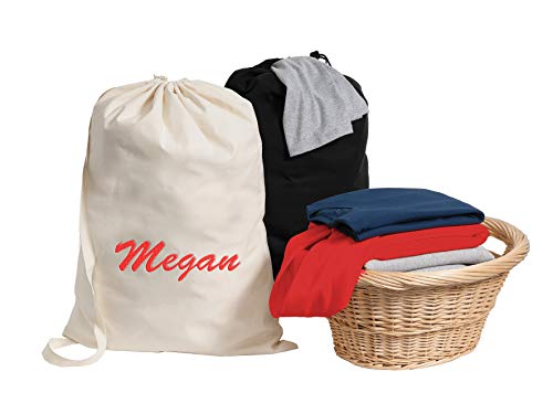 Custom Cotton Laundry Bags - Add Your Embroidered Name or Monogram - Personalized Large Drawstring Washable Hamper Tote for College, Dorms, Bathroom Organizer, Travel