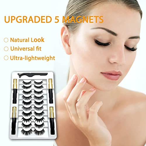 Upgraded 3D 5D Magnetic Eyelashes with Eyeliner Kit, 10 Pairs Natural Look 5 Magnets Eyelashes with Tweezer,Waterproof Liquid Eye Liner,Softer Reusable False Lashes Ultra Strong Hold and No Glue
