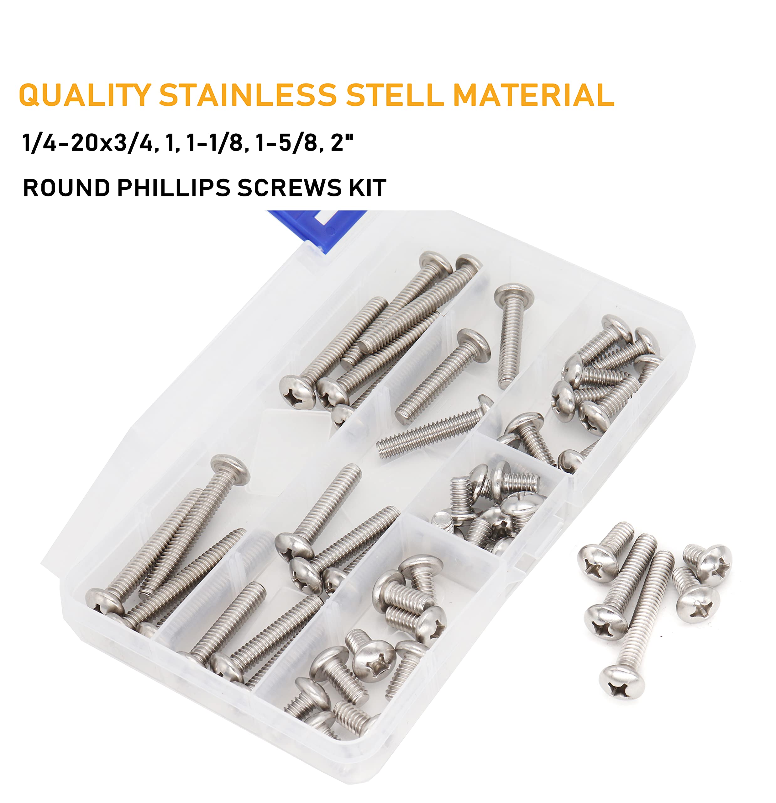 binifiMux 50pcs 1/4-20 Inch Round Head Phillips Machine Screws Assortment Kit, 304 Stainless Steel Silver Tone, 1/4 x 3/4,1,1-1/8,1-5/8,2 Inch