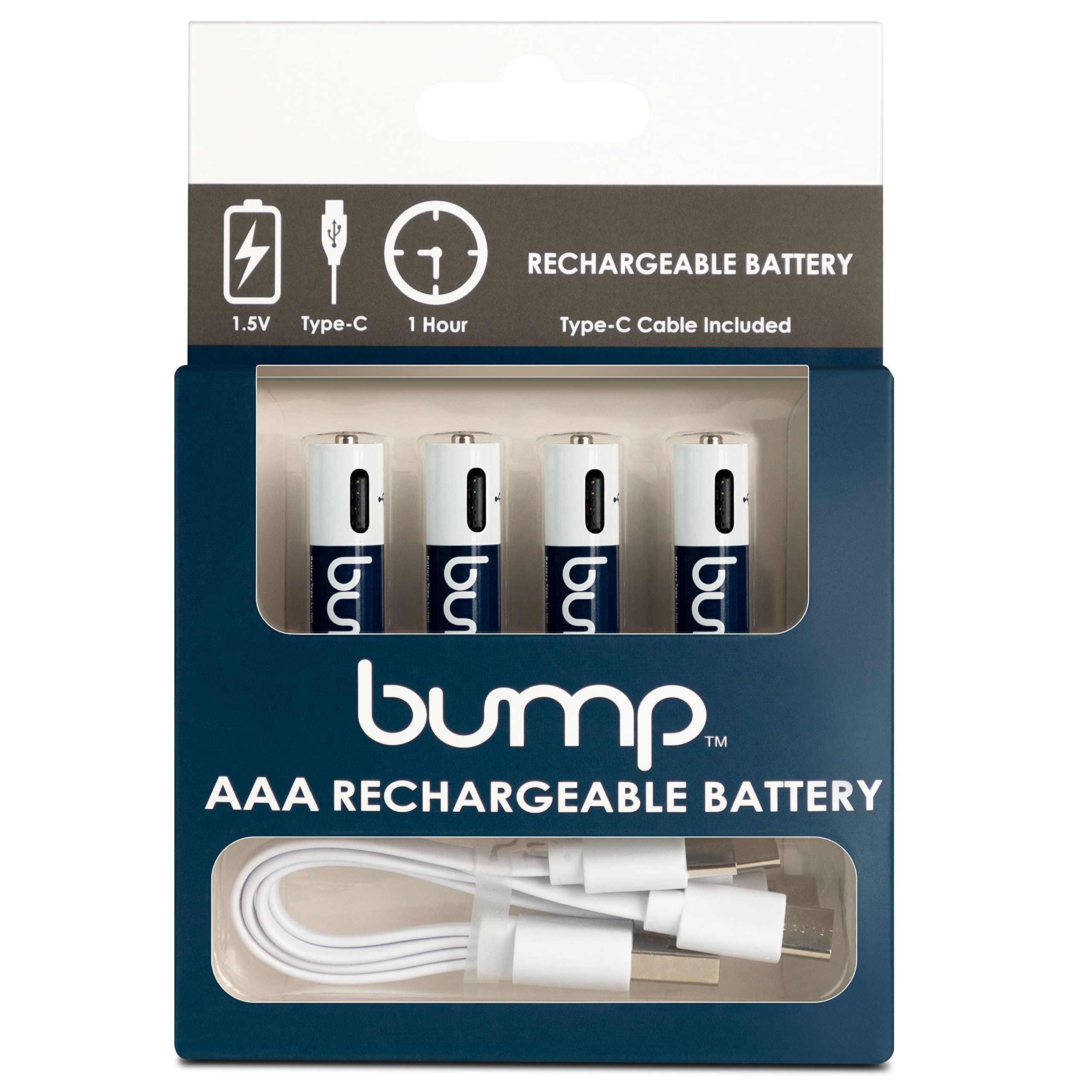 bump AAA USB Rechargeable Batteries, (4-Pack), Lithium Ion, High Output, Fast USB-C, 1.5V with LED Indicator Charging, Long Lasting, for Remotes, Toys, Keyboards, Includes 4-1 Charger Cable