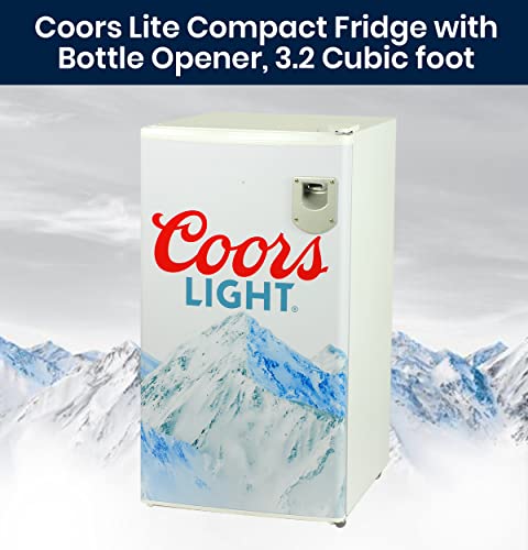 Coors Light Rocky Mountain 3.2 cu ft (90L) refrigerator Compact Fridge Bottle Opener White Space Saving Flat Back Design Reversible Door Adjustable Temperature Control Tempered Glass Shelves Office RV