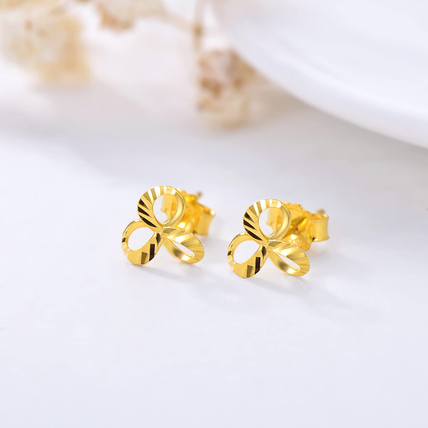 18k Solid Gold Knot Stud Earrings, Real Gold Diamond-Cut Flower Stud Earrings for Women Hypoallergenic