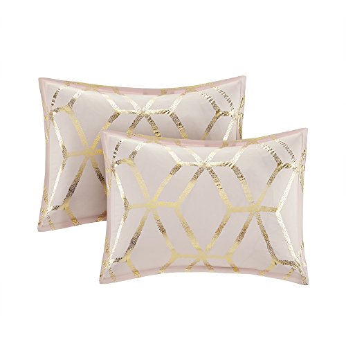 Comfort Spaces Vivian Comforter Set Ultra Soft All Season Lightweight Modern Geometric Glam Metallic Print Bedding, Matching Sham, Decorative Pillow, Full/Queen, Geometric Blush/Gold