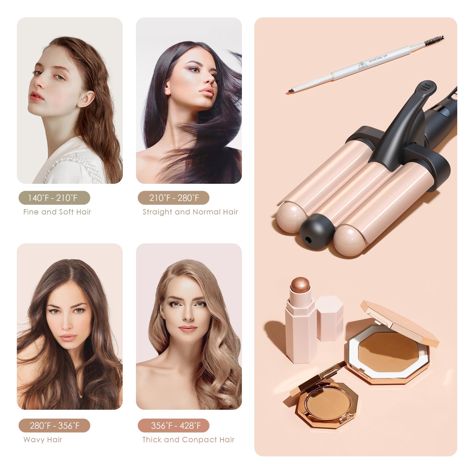 3 Barrel Curling Iron Wand,1.25 Inch Ceramic Tourmaline Triple Barrels,Temperature Adjustable Portable Crimper Hair Iron for Beach Waves,Hair Waver Heats Up Quickly with LCD Temp Display(Rose Gold)