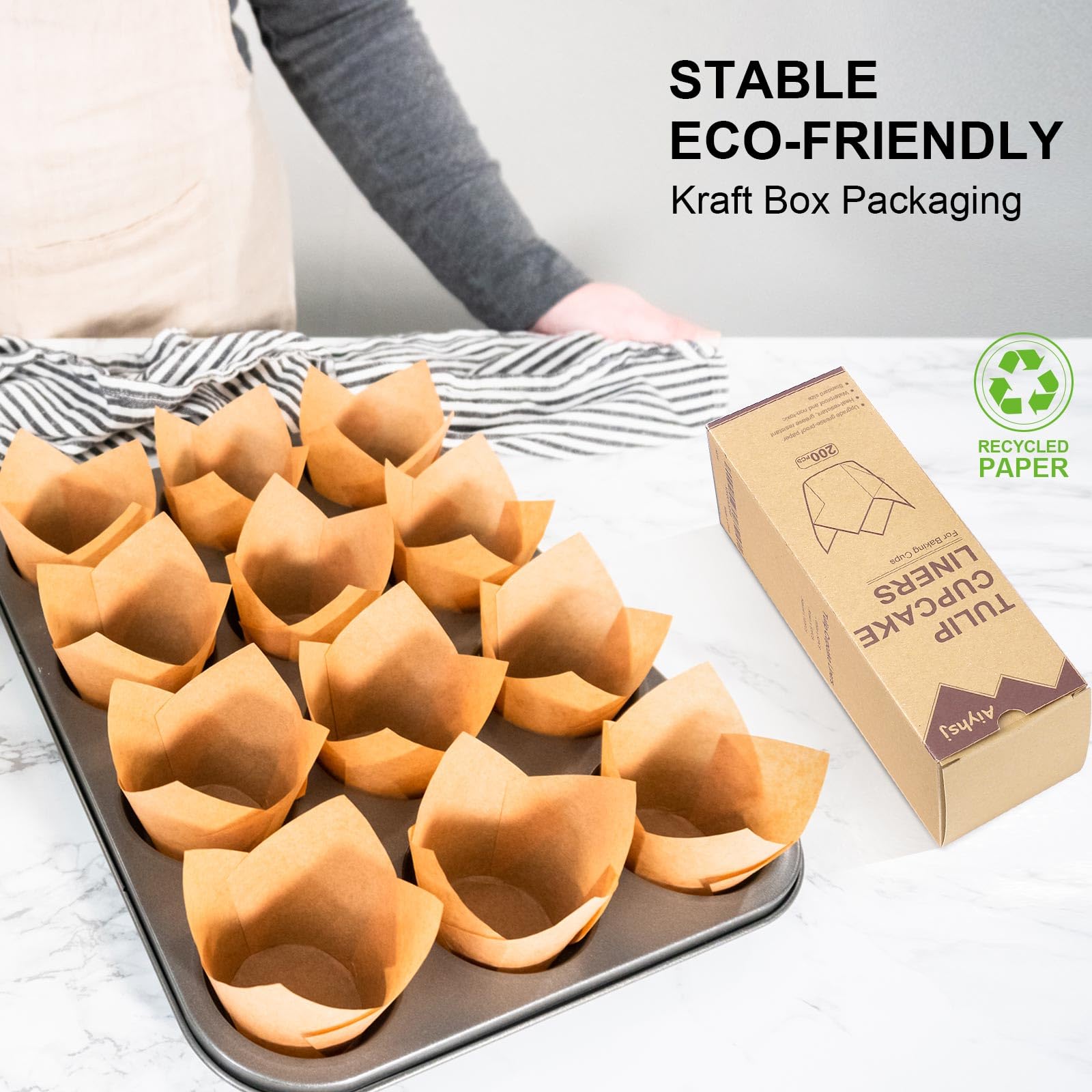 200PCS Tulip Cupcake Liners, Upgrade Parchment Paper Muffin Liners for Baking, Cupcake Wrapper for Party, Wedding, Birthday, Standard Size, Natural White Brown