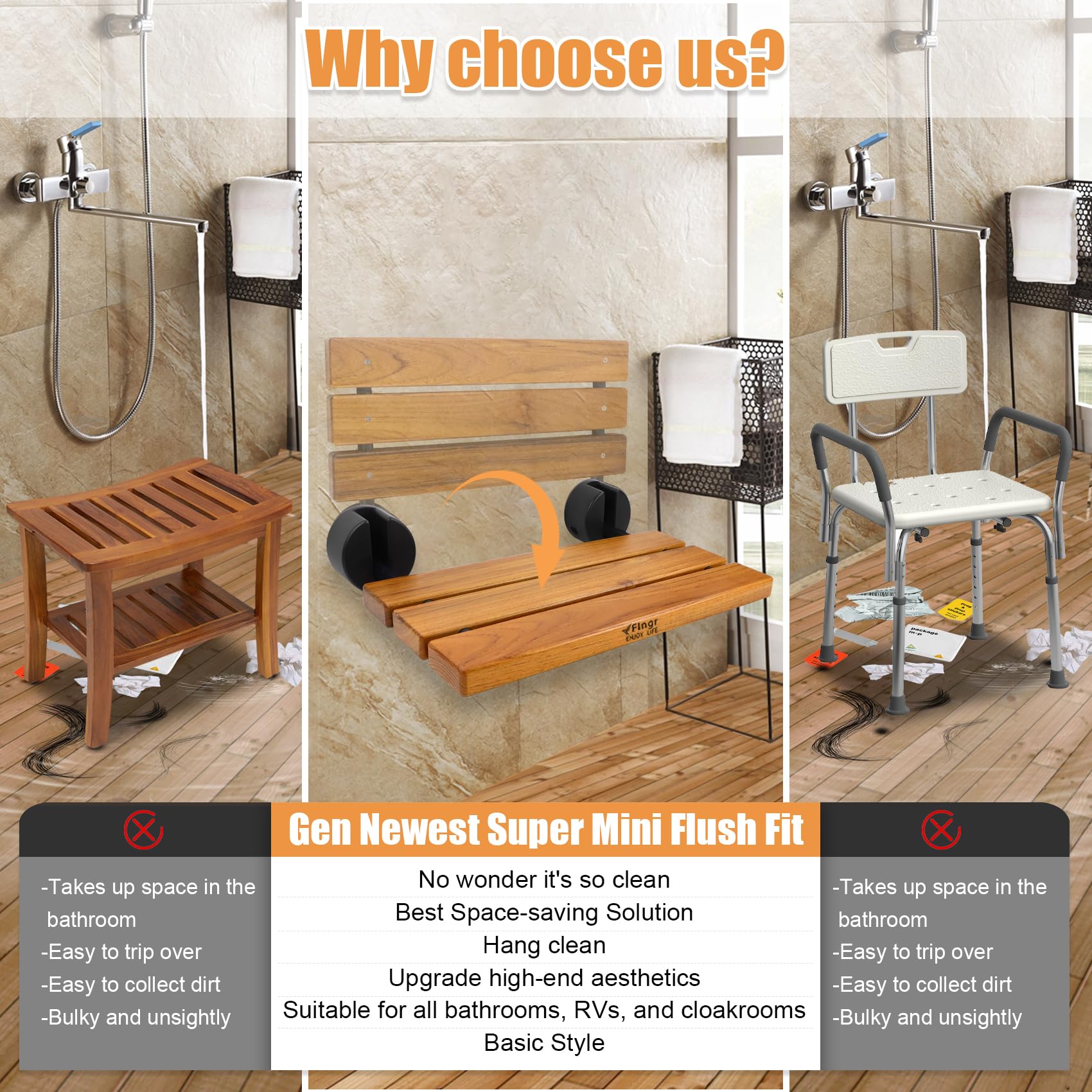 20" Folding Teak Shower Seat Wall Mounted,Fold Down Shower Seat,Foldable Shower Bench,Home Care Teak Shower Seat Bench for Inside Shower,Folding Shower Seat Bench,Wall Mount Shower Seat Bench Chair