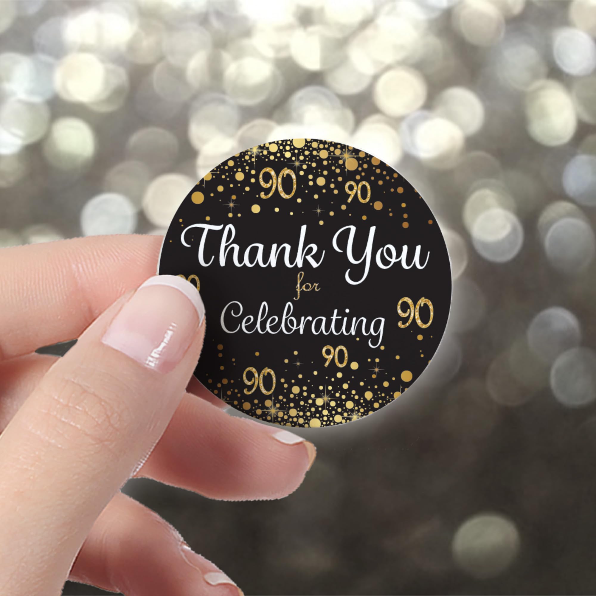 Black and Gold 90th Birthday Thank You Stickers - 1.75 in - 40 Labels