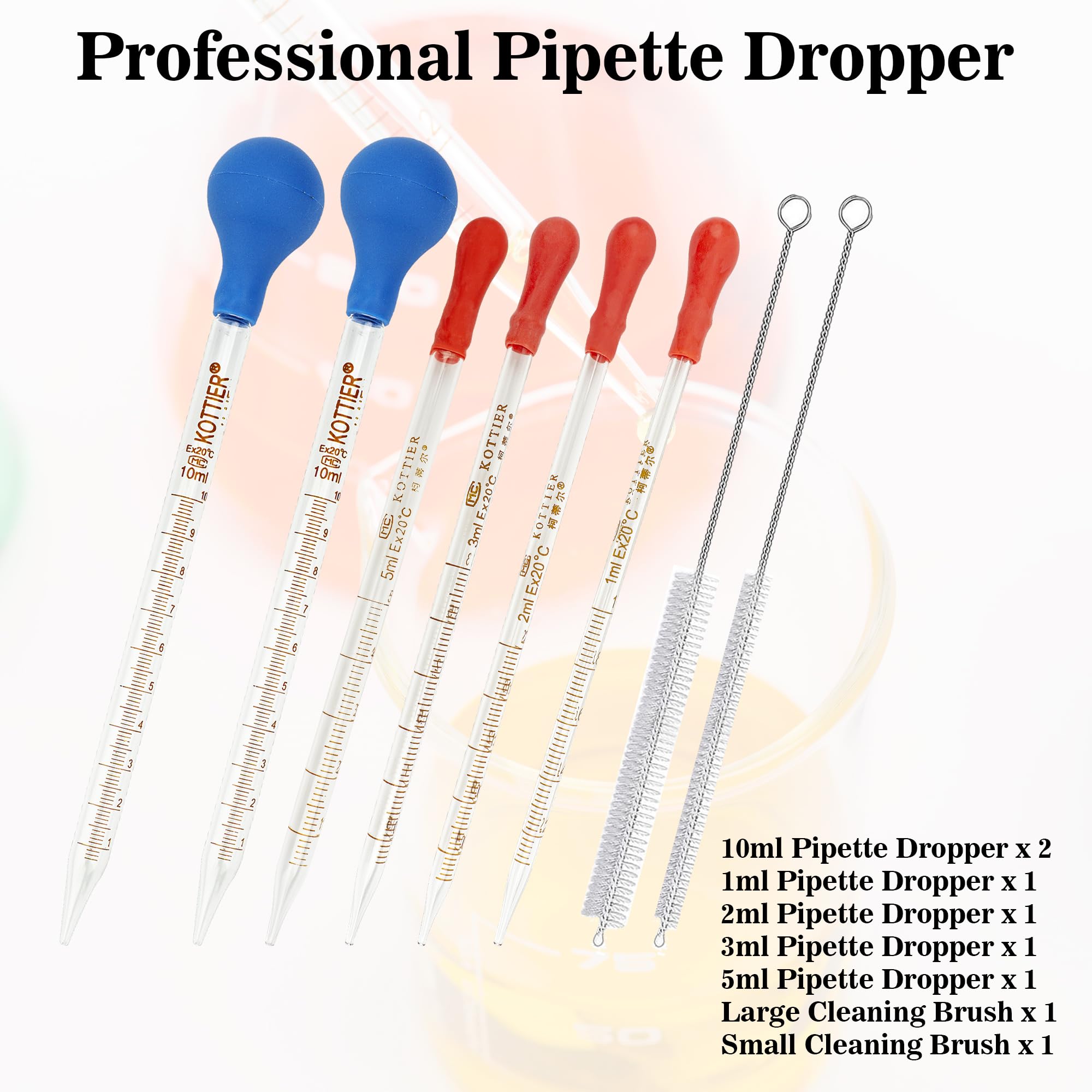6Pcs Glass Pipettes Dropper, 1ml 2ml 3ml 5ml 10ml Graduated Liquid Dropper, with Rubber Bulb and Cleaning Brush, Transfer Pipettes for Essential Oil