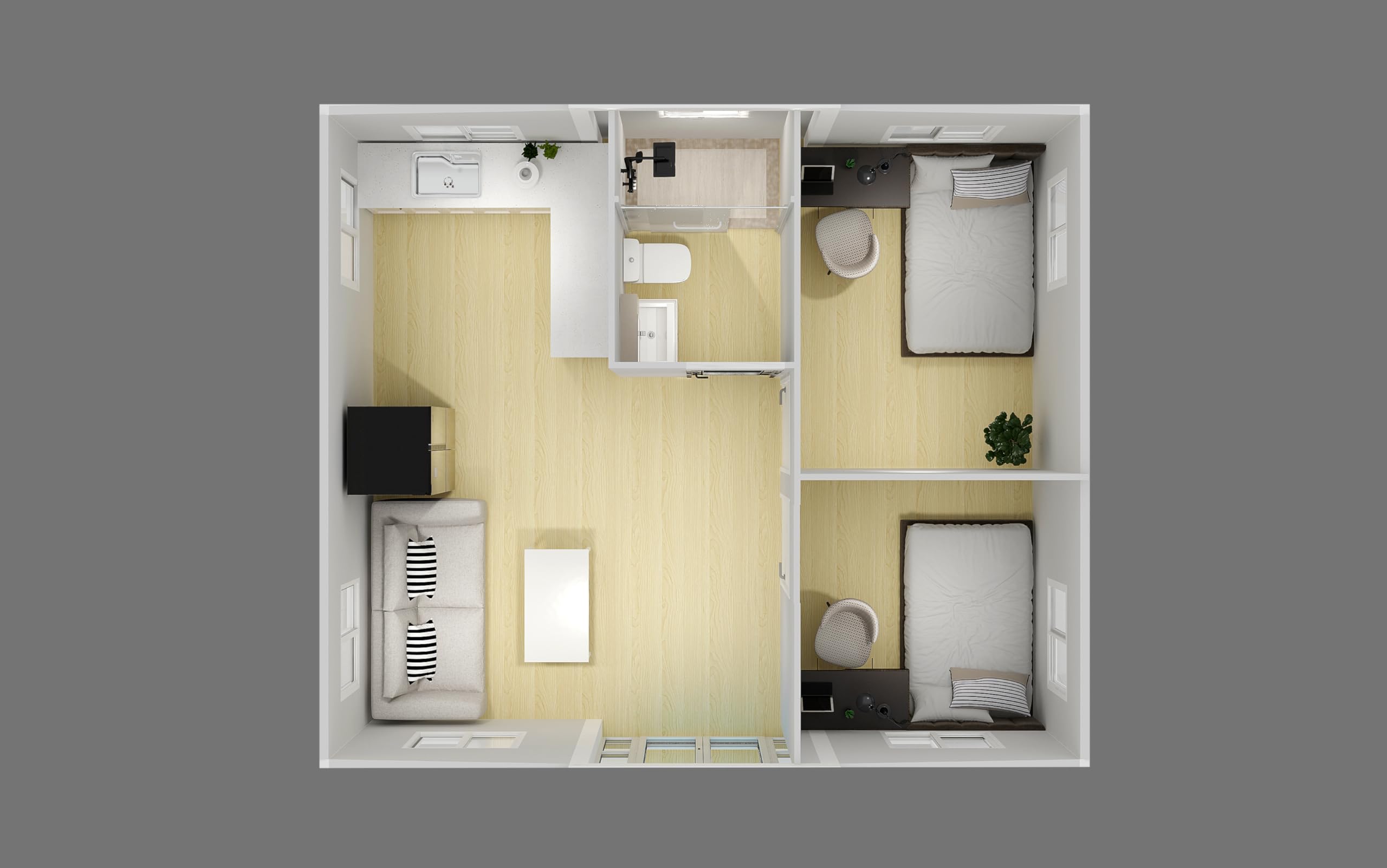 20FT Tiny House - Prefab Portable Container Home with 2 Bedrooms, Bathroom, and Kitchen - Foldable Steel Frame Mobile Home for Adult Living - 1 Year Warranty - Modern Design