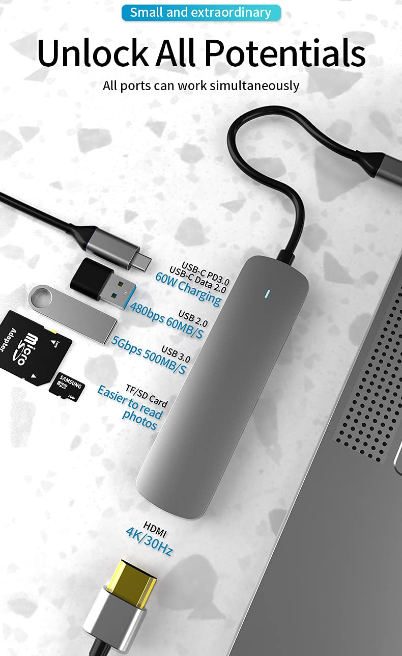 USB C Hub, 6 in 1 USB C Docking Station with 4K HDMI, 1 USB 3.0/1 USB 2.0, PD, SD/TF Card Reader, Type-C Data Transfer., space grey