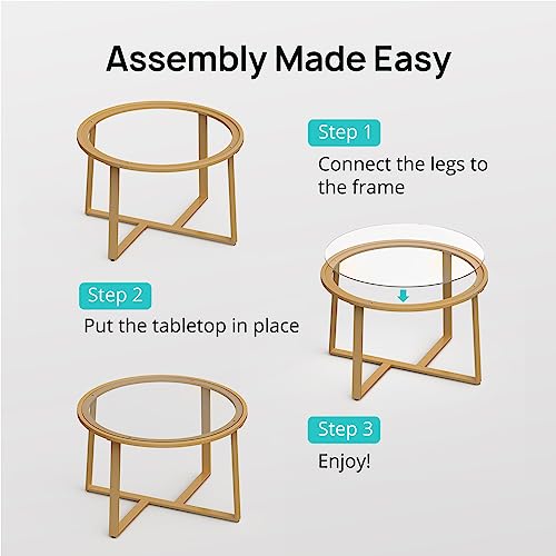 Evajoy Round Glass Coffee Table, 27.6" Gold Coffee Table with Tempered Clear Glass Surface for Living Room, Simple & Modern Center Circle Coffee Table for Small Space, Easy Assembly