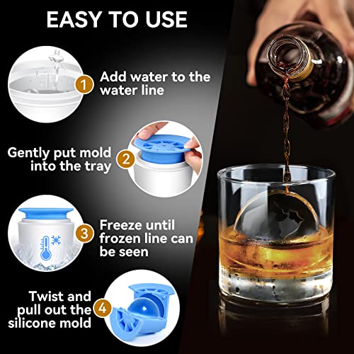 2024 New improved longzon 4 Pack Crystal Clear Ice Ball Maker Mold, Whiskey Ice Mold Large 2.4 Inch, Silicone Round Ice Cube Tray for Freezer, Sphere Ice Mold Maker for Whiskey, Cocktail and Drink