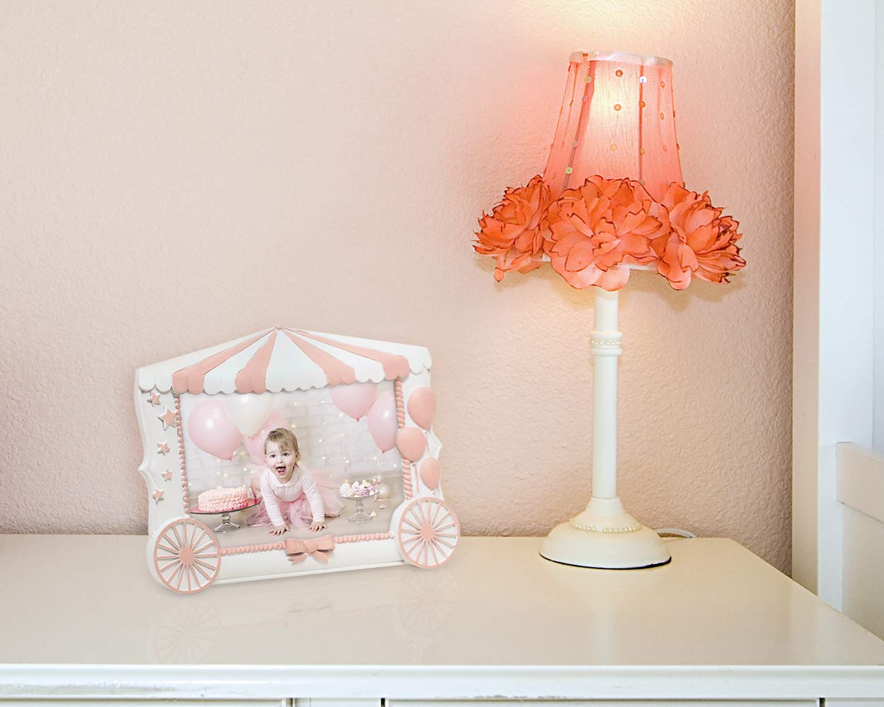 Isaac Jacobs 4” x 6” Resin Sentiments Baby Picture Frame, Horizontal Keepsake Photo Frame with Easel and Hanging Tabs for Tabletop, Desktop & Wall Display (White with Pink)