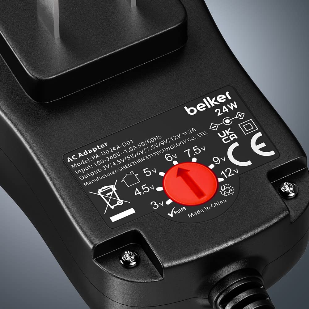 Belker 24W Multi Voltage 3V 4.5V 5V 6V 7.5V 9V 12V Universal AC DC Power Adapter Supply for Household Electronics - Max Amp 2000mA