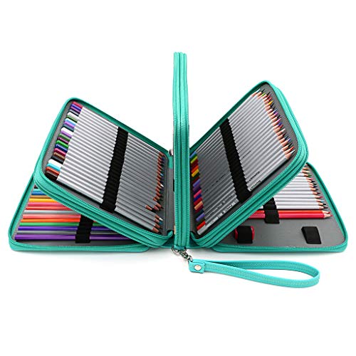 BTSKY Colored Pencil Case Holder- Big Capacity Deluxe PU Leather Storage Pencil Organizer Holds 160 Pencils with Handle Strap for School College Office Watercolor Pencils Organization(Green)
