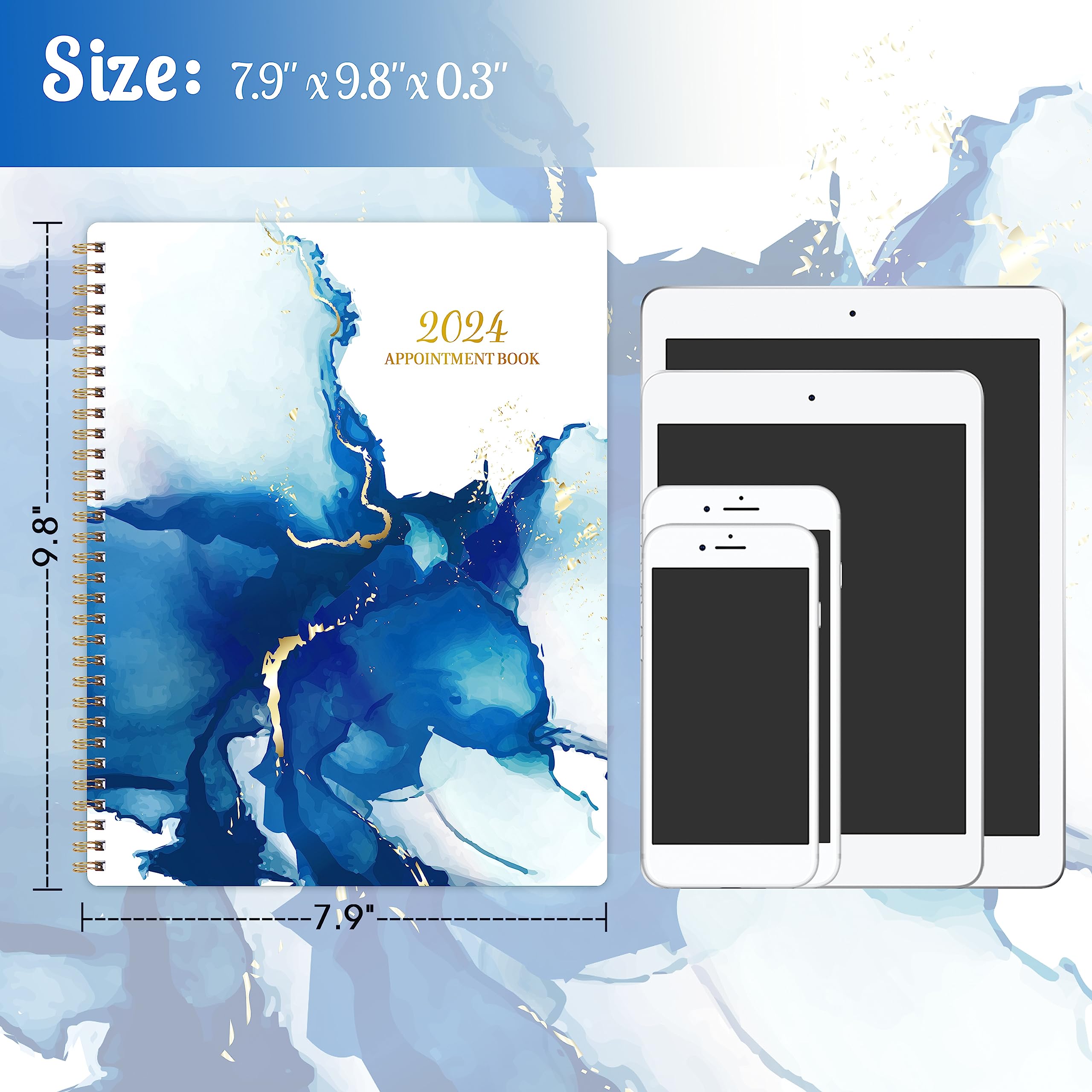 2024 Appointment Book - 2024 Daily Hourly Planner, 8" x 10", January 2024 - December 2024, Appointment Book 2024 with 30-Minute Interval + Thick Paper + Twin-Wire Binding + Printed Tabs - Indigo