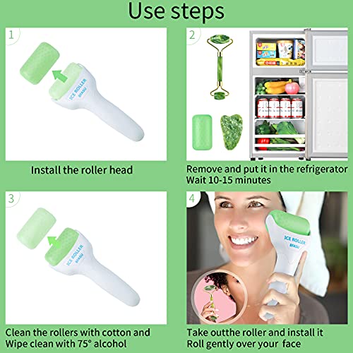 BFASU Facial Roller Set of 3, Ice Roller, Two-Sided Jade Roller and Gua Sha Massage Tool, Rolling Tool for Facial Beauty and Body Massage, Helps Reduce Puffy,Skin Care Gifts (Green)
