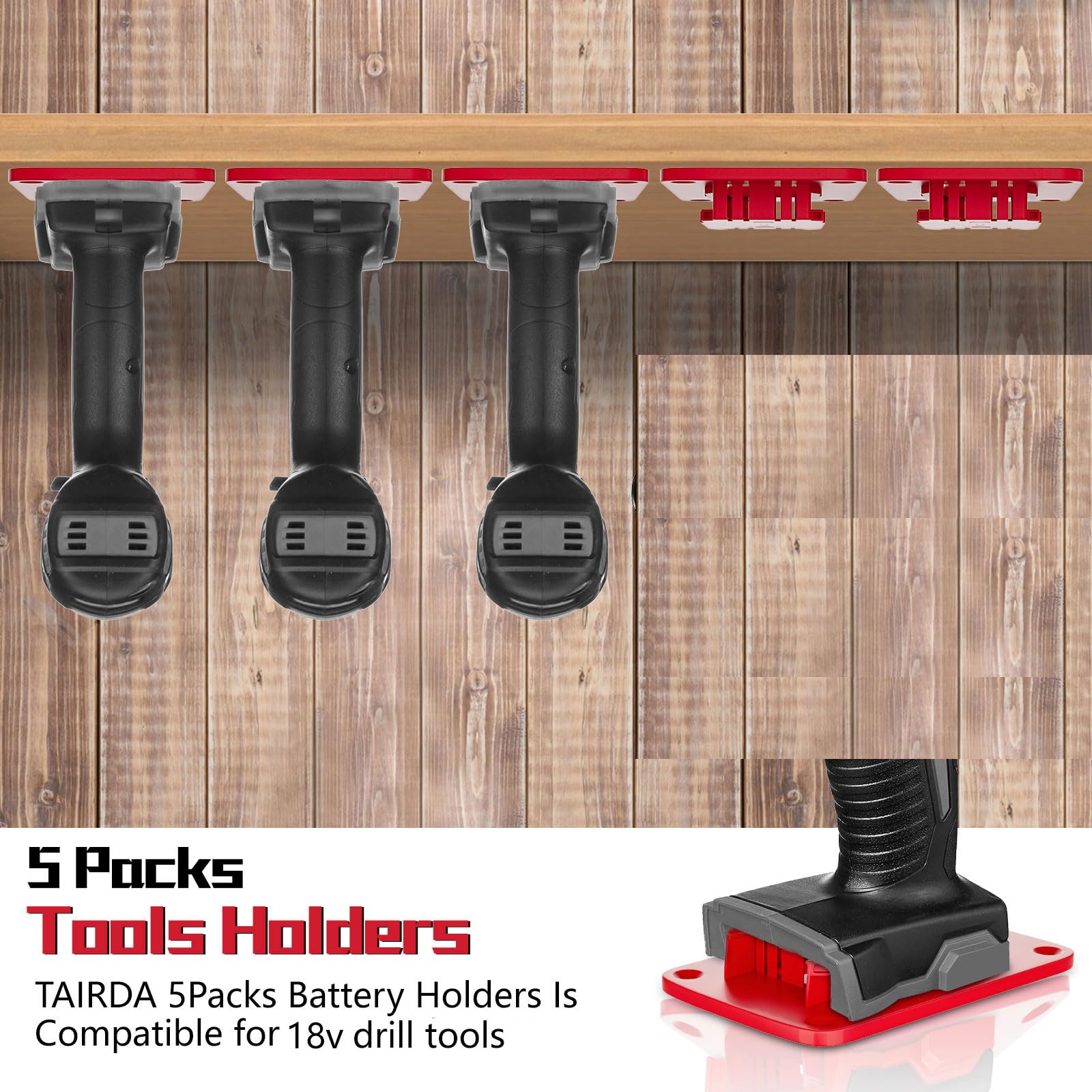 5 Packs Tool Holder Mount Compatible for Milwaukee m18 18v Tools ,Also Fit Compatible for dewalt 20V , 12V Drill Holder ,Hanger (Lot of 5,Red)