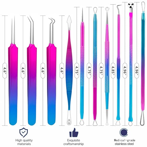 Blackhead Extractor Tools, Ybaoo 10 Pcs Professional Pimple Popper Tool Kit with Metal Case for Quick and Easy Removal of Blackheads,Pimples,Zit Removing,Facial and Nose(Colorful)