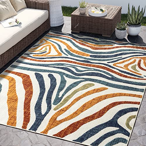 Abani Colorful Contemporary Zebra Print Area Rug Rugs - Multicolor Non-Shed 6' x 9' Animal Pattern Blue & Brown Indoor/Outdoor Rug