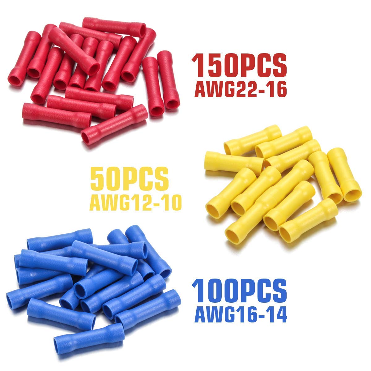 Qibaok 300 PCS Butt Splice Crimp Connectors Insulated Electrical Straight Wire Terminal Connectors 10-22AWG