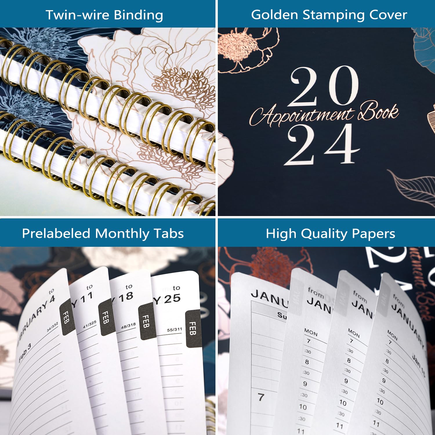 2024 Appointment Book/Planner - Weekly Appointment Book/Planner 2024, Jan. 2024 - Dec. 2024, 2024 Daily Hourly Planner with with 15-Minute Interval, 8"x 10", Printed Tabs + Flexible Cover + Thick
