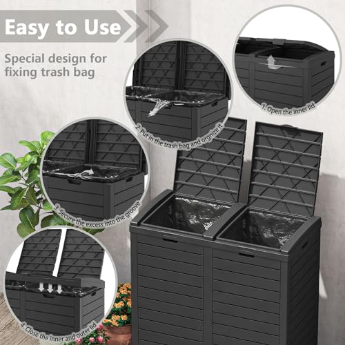 62 Gallon Kitchen Trash Can, Waterproof Garbage Can with Tiered Lid and Drip Tray, Resin Outside Trash Bin for Patio, Backyard, Deck