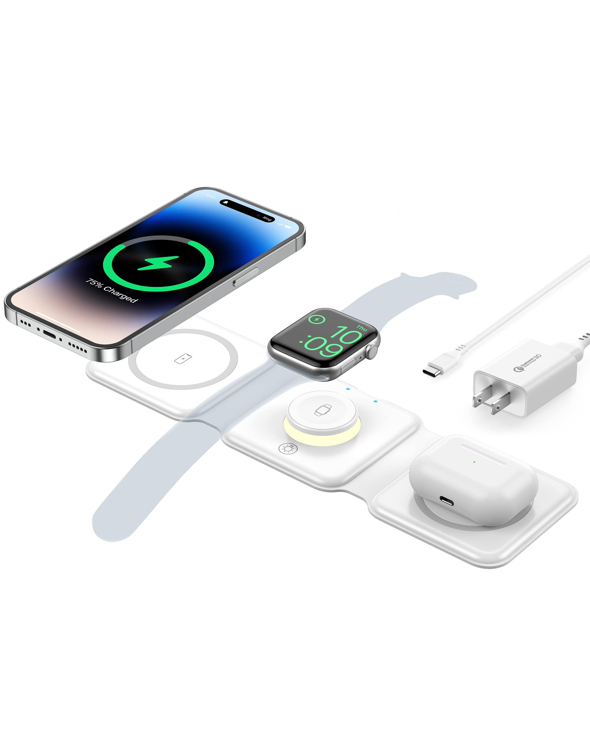 3 in 1 Foldable Wireless Charger, Wireless Charging Station for iPhone 15/14/13/12/11 Pro Max/X/XS, Fast Magnetic Travel Wireless Charging Pad for AirPods 3/2/Pro Apple Watch