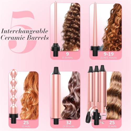 Wand Curling Iron, Curling Wand Set, MOCEMTRY Professional 5 in 1 Hair Curling Hair Iron with Interchangeable Barrels, Instant Heating & Adjustable Temperature, Gift for Women