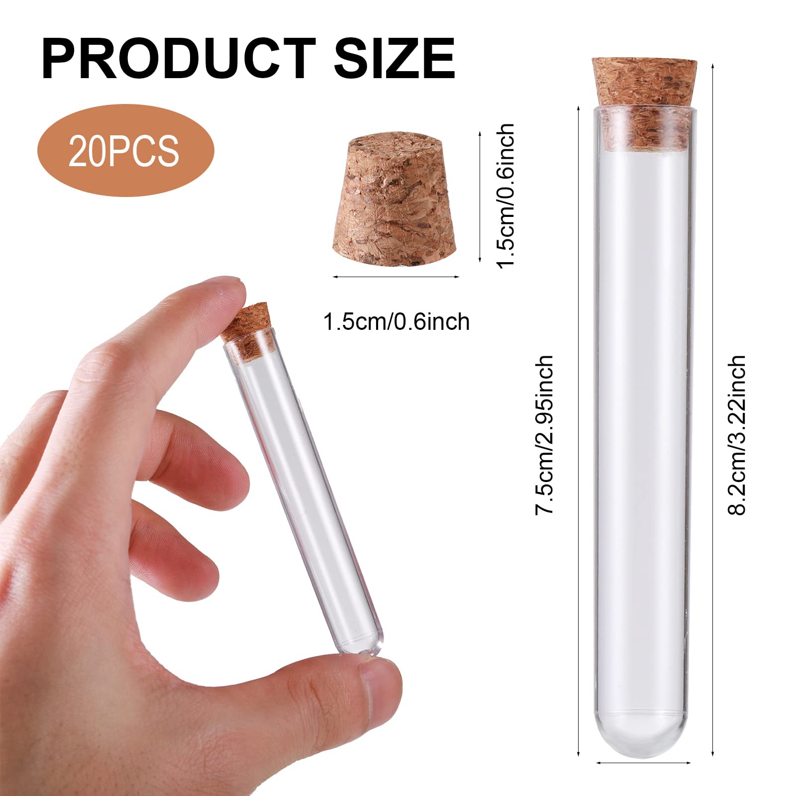 20pcs Clear Plastic Test Tubes With Cork Stoppers, Plastic Test Tubes With Lids Clear, 12 * 75mm Test Tubes With Lids Plastic, For Diy Craft, Candy Spice Seed Liquid Storage, Laboratory Use Decoration