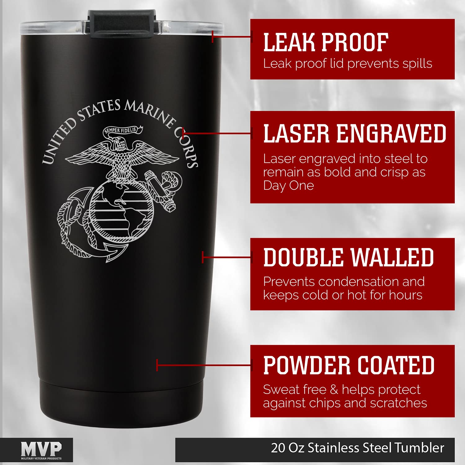 20oz Insulated USMC Tumbler-Double-Walled Stainless Steel Marine Corps travel Cup- Durable & Leakproof - Disabled USMC Veteran Owned SMALL Business