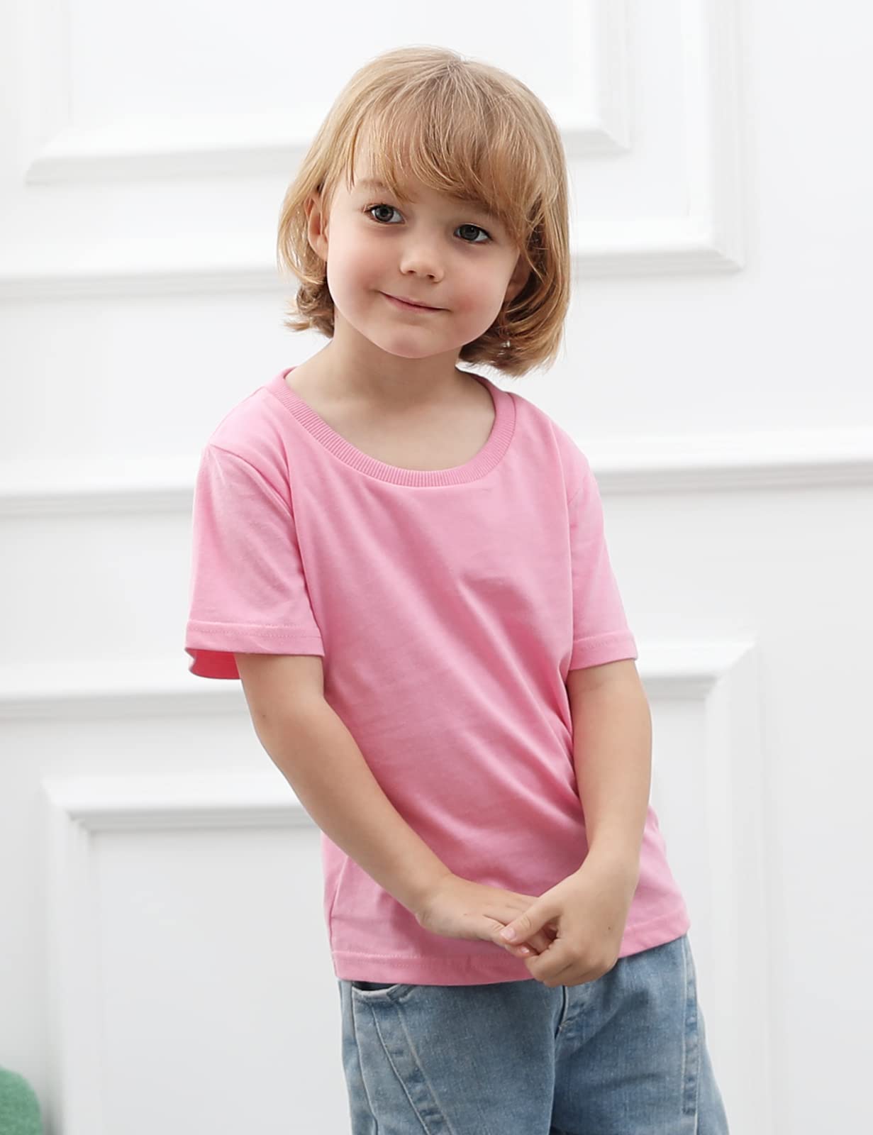 COSLAND Kids Plain Tshirts Boys Short Sleeve Shirt, Pink, Small